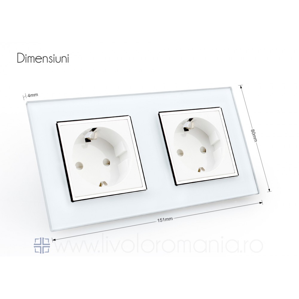 Priza dubla Livolo cu rama din sticla crystal alb termorezistenta ...