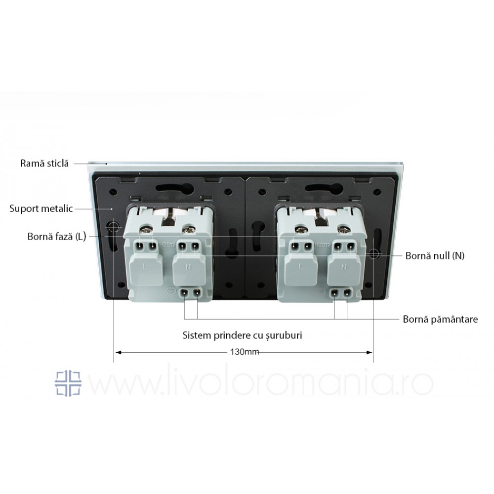 Priza dubla Livolo cu rama din sticla crystal alb termorezistenta ...